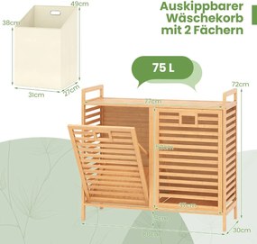 Costway Dvojitý otočný koš na prádlo 75 L bambusový koš na prádlo s 2