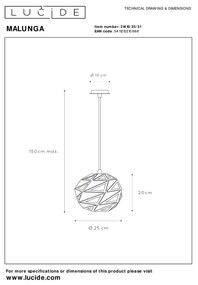 Lucide 21415/25/31 závěsné svítidlo Malunga, bílé, E27, ø25cm