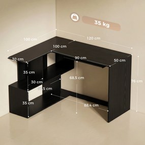 HOMCOM rohový stůl, 120 x 100 x 76 cm, L‑tvar psací stůl s výsuvem na klávesnici, 4 otevřené přihrádky, černý