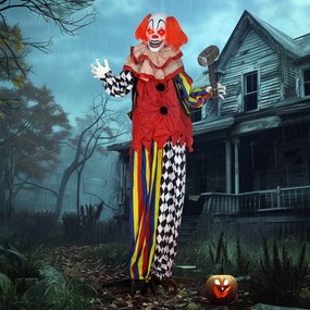 Outsunny Hrůzostrašný klaun, animatronika na Halloween, 173 cm, svítící oči, aktivace zvukem, pohyblivé paže a hlava, na baterie, plast, kov, červená