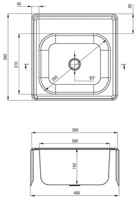 Deante Techno, nerezový dřez na desku 1-komorový B/O 380x380x150 2" + sifon, vzor dekor, ZMU_3100