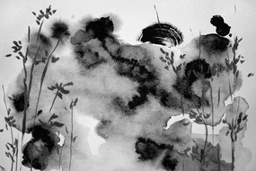 Samolepící tapeta černobílá malba japonské oblohy - 225x150
