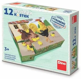 Dino Dřevěné obrázkové kostky Domáčí zvířátka retro 12 kostek