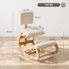 HOMCOM Ergonomická kolenní židle, kolenní stolička se záhlavím, vzhled manšestru, kancelářská židle do domácnosti, kanceláře, meditace, krémově bílá