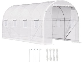 Zahradní tunelová skleník Outsunny s 8 okny a rolovacími dveřmi, kovový rám a polyethylenový kryt, 5x2x2m, bílý | Aosom