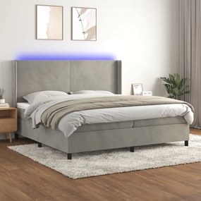 Box spring postel s matrací a LED světle šedá 200x200 cm samet