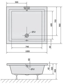 Polysan Deep Hluboká sprchová vanička s konstrukcí 100x90x26 cm, bílá 72349