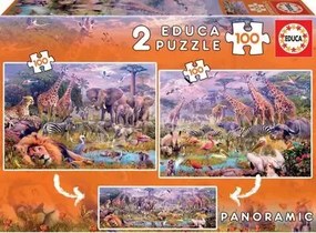 EDUCA Puzzle Panorama Divoká zvířata / 2x100 dílků / od 6 let