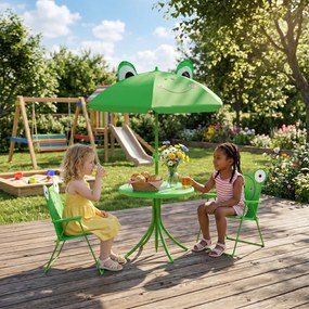 Zahradní set Outsunny pro děti – stůl a židle na piknik, skládací set pro děti se nastavitelným deštníkem 100-125 cm, design žabky, zelený