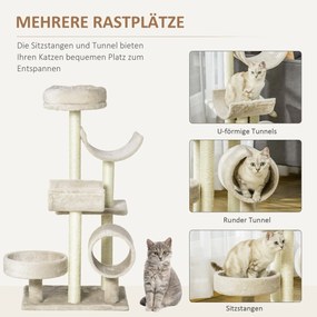 PawHut Kočičí strom, škrábací sloup, škrábací hračky, tunel, béžový L50 x Š40 x V105 cm