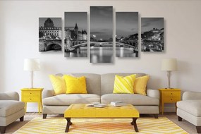 5-dílný obraz oslňující panorama Paříže v černobílém provedení - 200x100 cm
