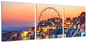 Obraz - Santorini při setmění (s hodinami) (90x30 cm)