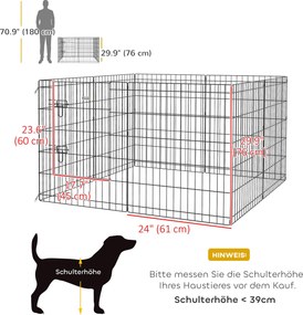 PawHut Ohrada pro štěňata 76 cm vysoká, 8-dílná ohrada se zámkem, DIY herní ohrada pro střední psy, morčata, králíky, kov, černá