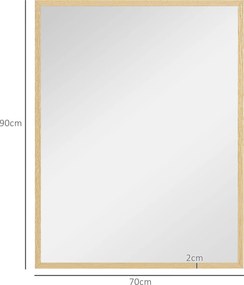 HOMCOM Obdélníkové Zrcadlo na Stěnu 90 x 70 cm, dřevěný rám, ideální do koupelny, obývacího pokoje nebo ložnice, přírodní