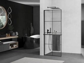 Mexen Kioto+ L, sprchová zástěna Walk-In s poličkou a věšákem 90 x 200 cm, 8mm čiré sklo černý vzor, ​​černý profil, 800-090-123-70-77