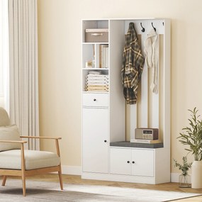HOMCOM 180 cm skříň na předsíň s věšákem na oblečení, botníkem, 4 háčky, otevřené odkladací plochy, MDF, bílá