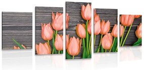 5-dílný obraz okouzlující oranžové tulipány na dřevěném podkladu Varianta: 100x50