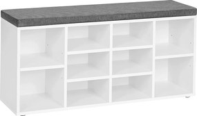 Botník, botníková lavice s 10 přihrádkami a polstrováním 104x30x48 cm, bílá