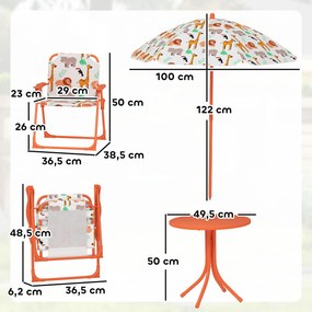 AIYAPLAY dětský zahradní nábytkový set, dětský stůl se 2 skládacími židlemi a slunečníkem Ø 100 cm, motiv zvířat, oranžová