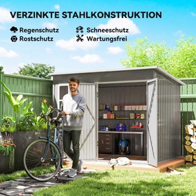 Outsunny Kovový kůlny pro skladování zahradního náčiní, s oknem, širokými dveřmi, 260 x 177 x 190 cm, světle šedý