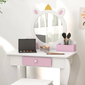 ZONEKIZ dětský toaletní stolek se stoličkou a zrcadlem, toaletní stolek pro dívky se zásuvkou a přihrádkami, design jednorožce, bílý