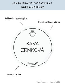 KÁVA ZRNKOVÁ – průhledná samolepka na dózu, základní písmo, 5 cm | DomaLEP