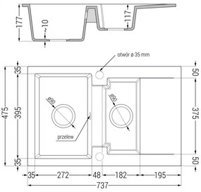 Mexen Gaspar 1,5-miskový granitový dřez s odkapávačem 737 x 475 mm, Béžová, sifon Zlatá - 6507731505-69-G