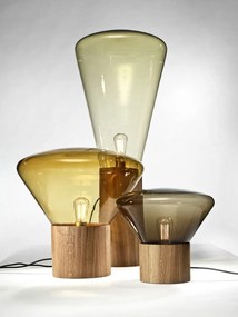 Designová lampa Brokis Muffins Wood PC849 Barva skla: Hnědá kouřová - transparentní sklo, Barva el. vedení: Textilní kabel -  světle šedý, Dřevo: Dub evropský - černě mořený