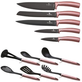 12dílná sada kuchyňských nerezových nožů a kuchyňského nářadí PINK- SILVER 19971