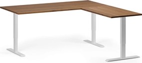Rohový výškově nastavitelný stůl, 180x180 cm, 3 motory, L/P, bílá podnož, ořech