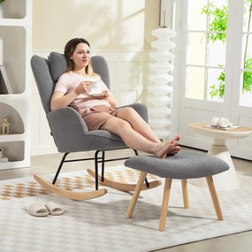 HOMCOM Houpací křeslo s podnožkou, měkký fleecový potah, dřevěné nohy, polštář, vysoké opěradlo, houpací křeslo, tmavě šedá