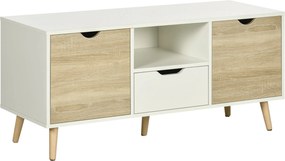 HOMCOM TV Stolek s Šuplíkem, 2 Dveřmi a Komorou pro Televize do 50 Palců, Dezén pro Obývací Pokoj a Ložnici 110x40x50 cm Bílý a Přírodní | Aosom