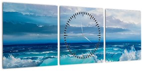 Obraz - Mořské vlny (s hodinami) (90x30 cm)
