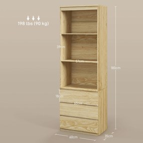 HOMCOM Vysoká knihovna o výšce 180 cm se 3 policemi a 3 zásuvkami v přírodním dřevě 60 x 35 x 180 cm