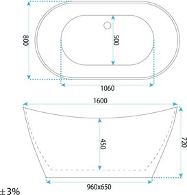 Volně stojící akrylátová vana REA FERRANO 160x80 cm bílý, sifon Click-Clack - zlatý kartáčovaný