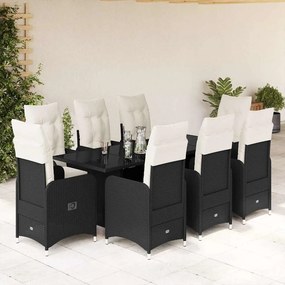 9dílný zahradní bistro set s poduškami černý polyratan 3276997