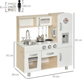 HOMCOM Dětská kuchyňka s příslušenstvím, kuchyňka snů pro děti od 3 let, kuchyňka na hraní z borovice a MDF, bílá, 74 x 30 x 81 cm |