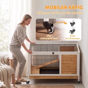Dřevěný králičí výběh PawHut pro malé domácí zvířata, přenosný s otevíracím střešním rampou, odnímatelným táckem pro morčata 90x53x59 cm, přírodní a …