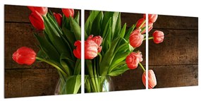 Obraz červených tulipánů ve váze (90x30 cm)