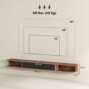 HOMCOM Závěsný TV nábytek, televizní stolek pro televize až do 190,5 cm, výklopná zásuvka, 2 police, 180x24x16 cm, ořech