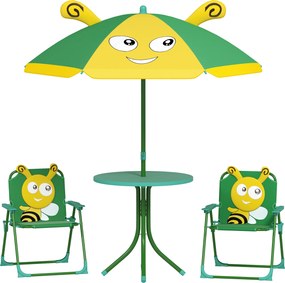 Sada zahradního nábytku pro děti, židle, stůl, slunečník, včelí design, zelená+žlutá