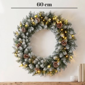 HOMCOM Vánoční věnec 60 cm Osvětlený věnec na dveře s 50 LED Šišky Umělý sníh na Vánoce Adventní dveře