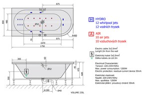 Polysan VIVA L HYDRO-AIR hydromasážní vana, 175x80x47cm, bílá 70119HA