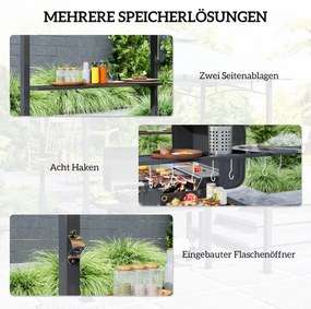 Grillpavillon, Gartengrillzelt mit Gewürzregalen, LED-Beleuchtung, Metall, Kunststoff, 243L x 148B x 248H cm, Grau