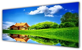 akrylový obraz Dům Jezero Tráva Příroda 125x50 cm
