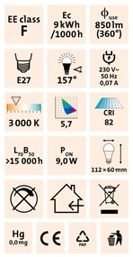 žárovka LED klasická, 9W, 800lm, E27, teplá bílá