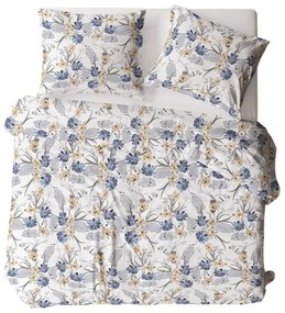 KARO Flanelové povlečení 160x200 1718N bílá šedá modrá květy listy Flanel Comfort button-down