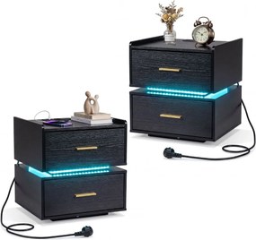 Costway Sada 2 nočních stolků s nabíjecí stanicí LED noční stolek 2 zásuvky