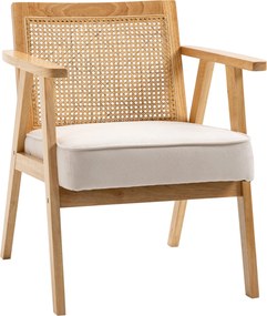 HOMCOM Křeslo do obýváku Relaxační židle s opěrkami, sedákem, lounge křeslo s ratanovým opěrákem, čtecí křeslo s vzhledem lnu, dřevěný rám, čalouněné