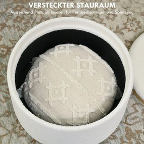 HOMCOM taburet Ø56 x 42 cm, kulatý čalouněný taburet s úložným prostorem a odklápěcím víkem, dřevěné nohy, ideální do obývacího pokoje a ložnice, bíl…